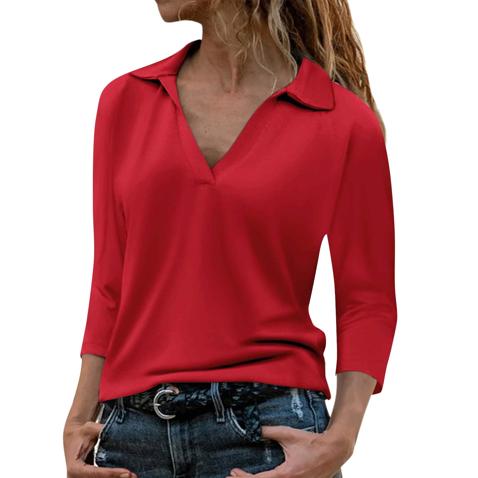 JULMCOMO Womens 3/4 Sleeve Shirt Collared Casual Blouses Summer V Neck ...