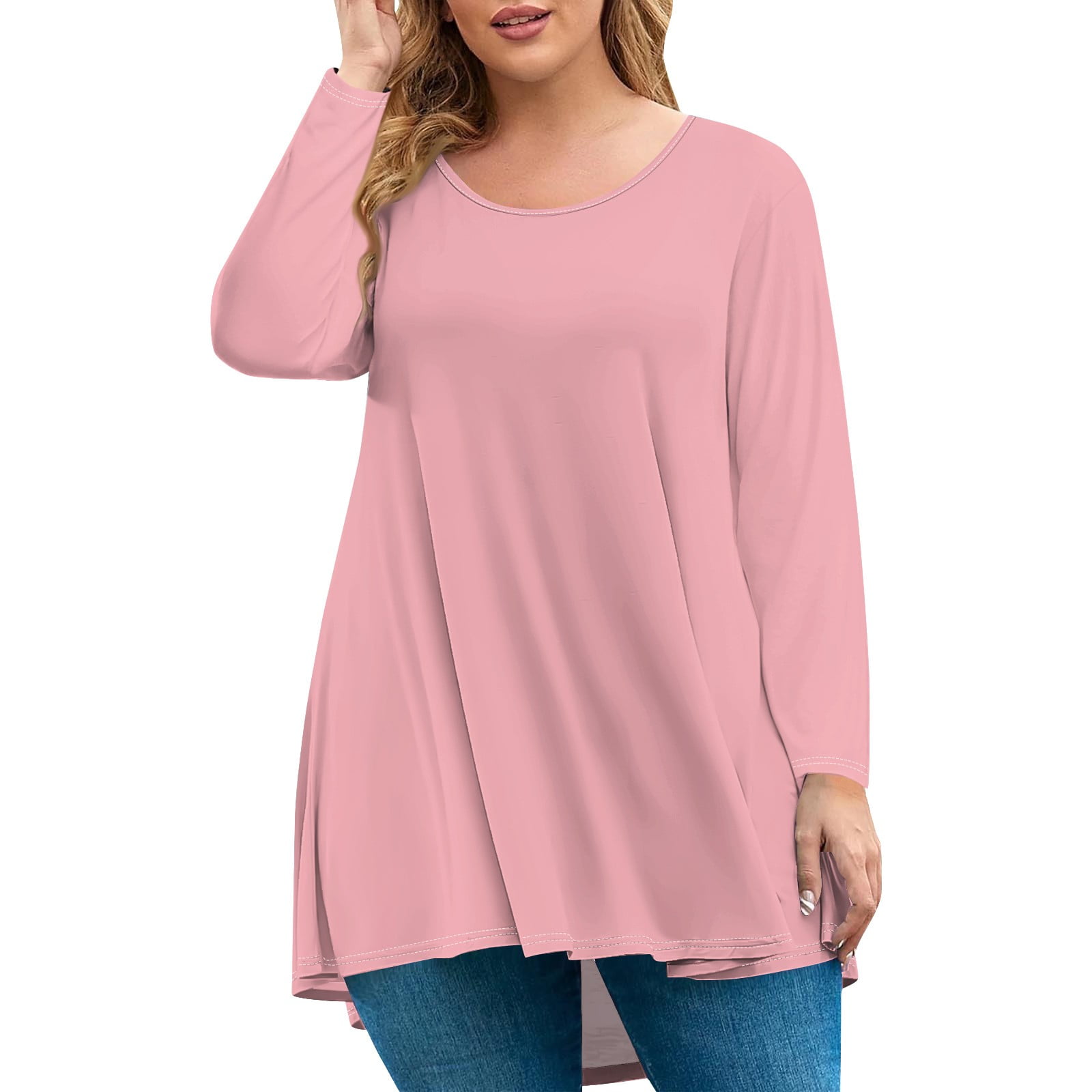 JULMCOMO Womens Pink Plus Size Tops 4x-5x Long Sleeve Crew Neck Shirts ...