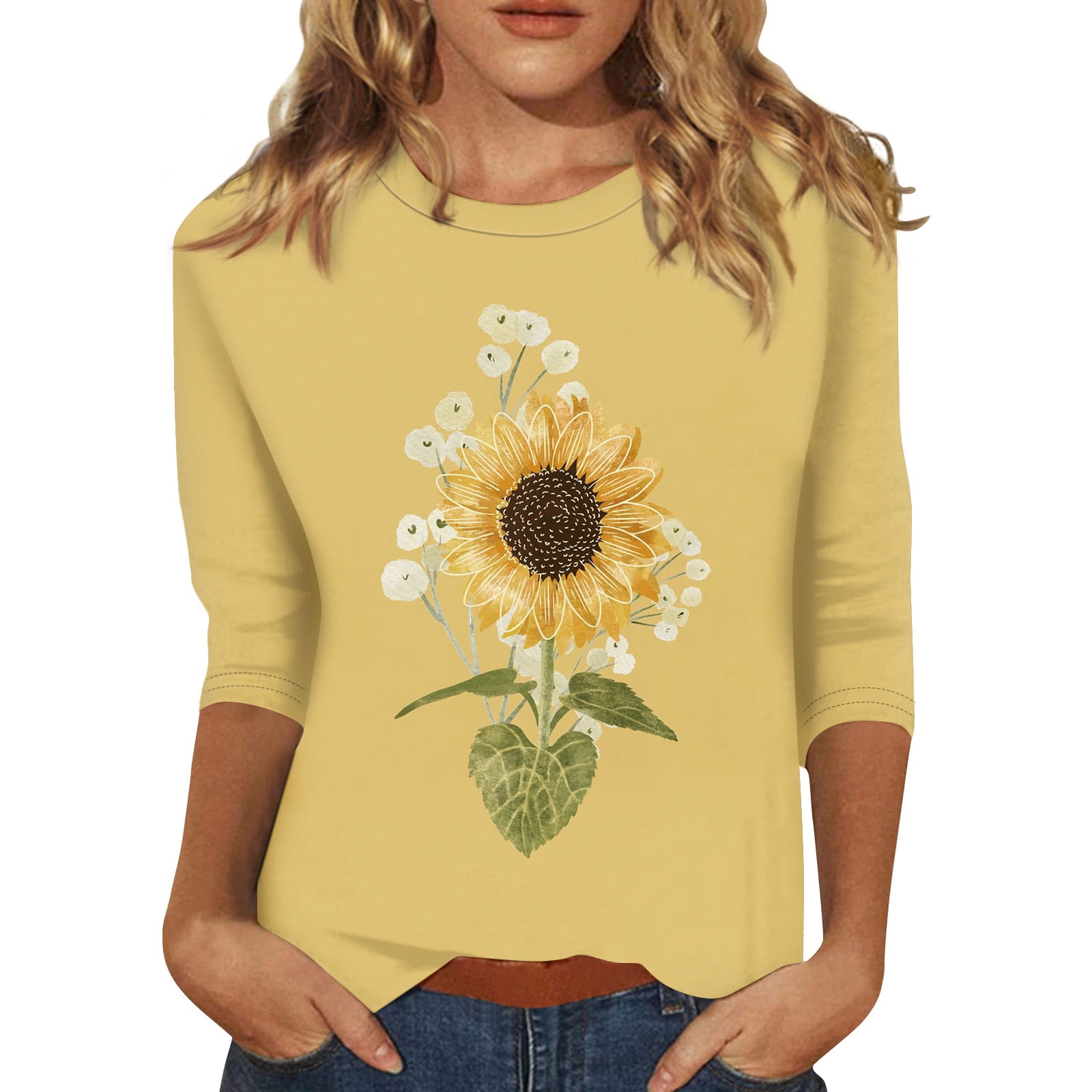 JULMCOMO Womens Sunflower Tops 3/4 Sleeve Crewneck Cute Shirts Casual ...
