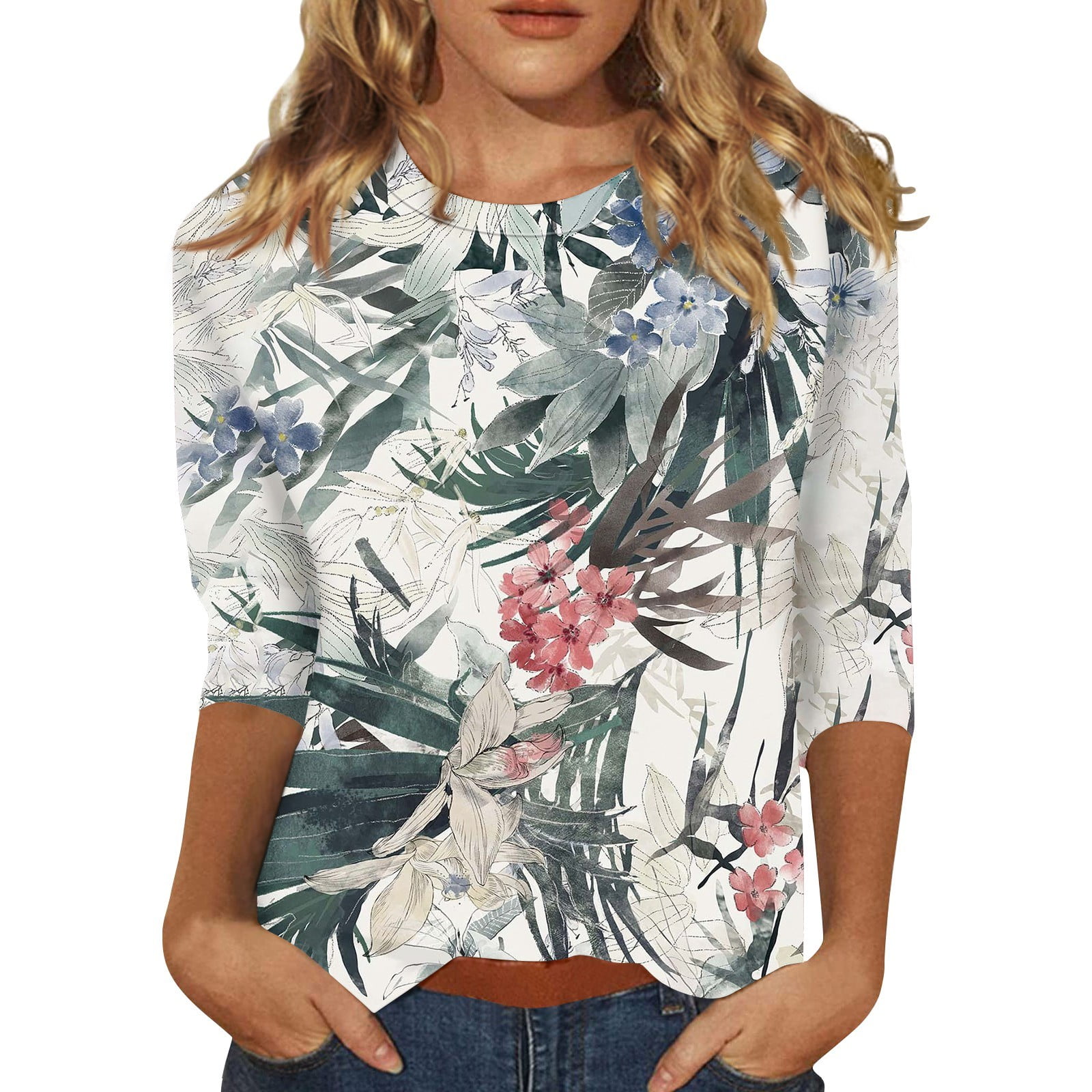 JULMCOMO Womens Tops 3/4 Length Sleeve Summer Crew Neck T Shirts Fashion Casual Half Sleeve ...