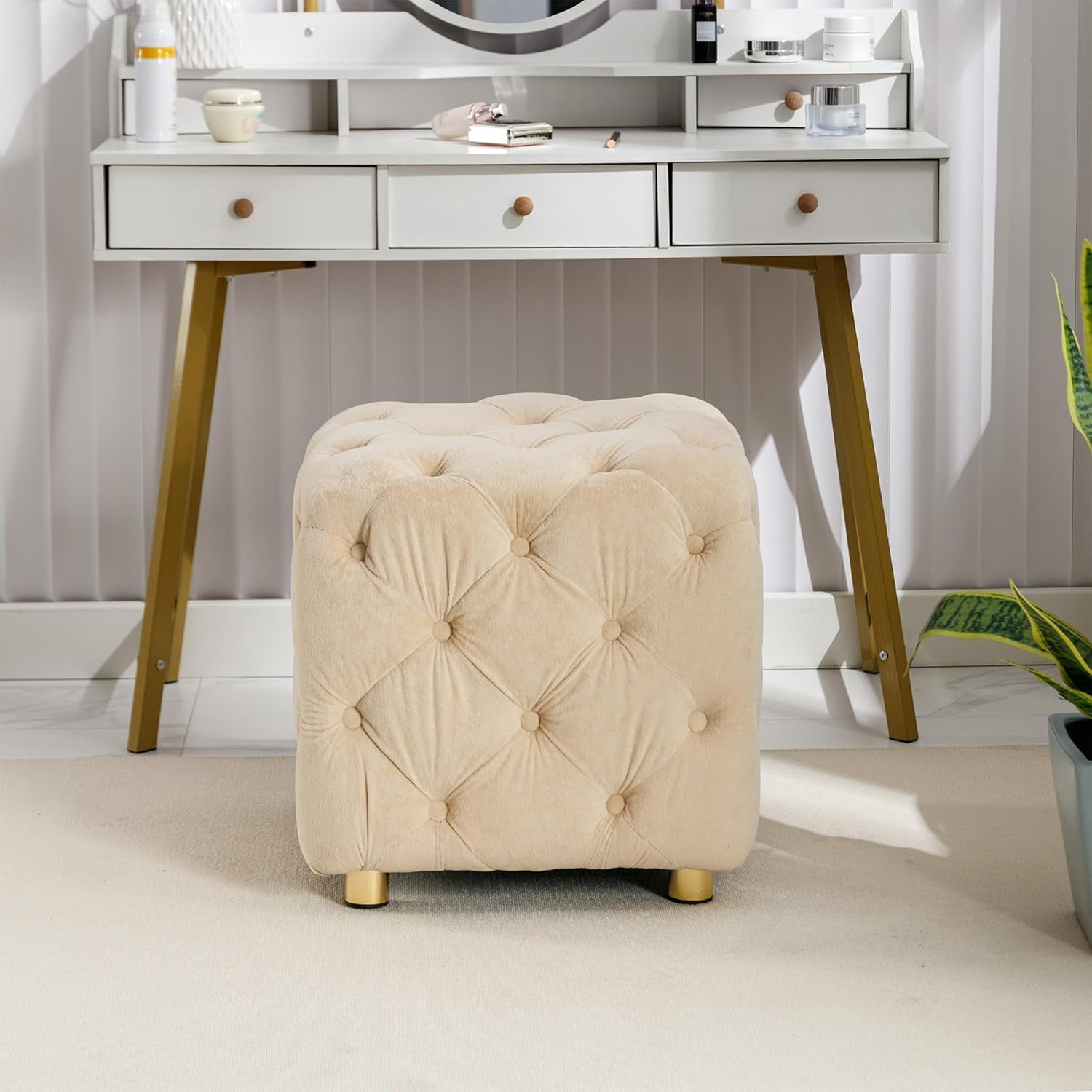 JULYFOX Velvet Ottoman Stool, 18.8 inch High Button Tufted Square ...