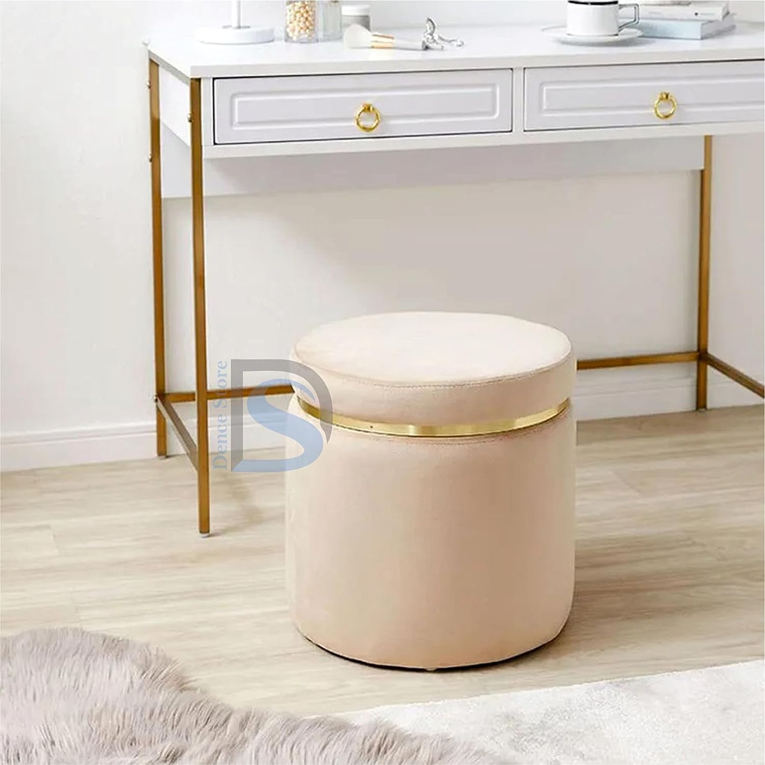 JUMBO CRAFTS Wooden Round Footrest Stool with Linen Fabric Padded Seat ...