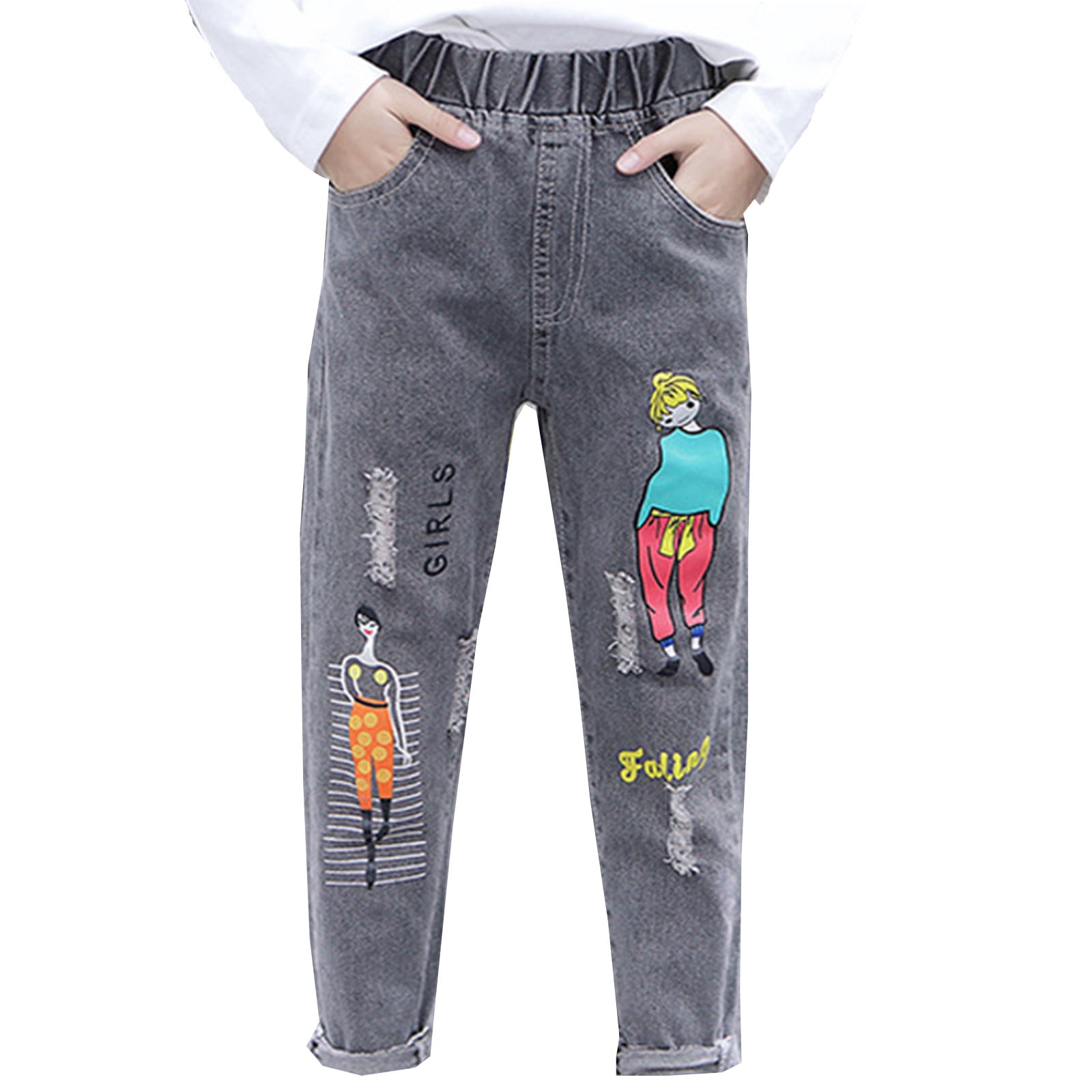 JUMESG Girls Pants Jeans Kids Girls High Waist Ripped Wide Leg Jeans ...
