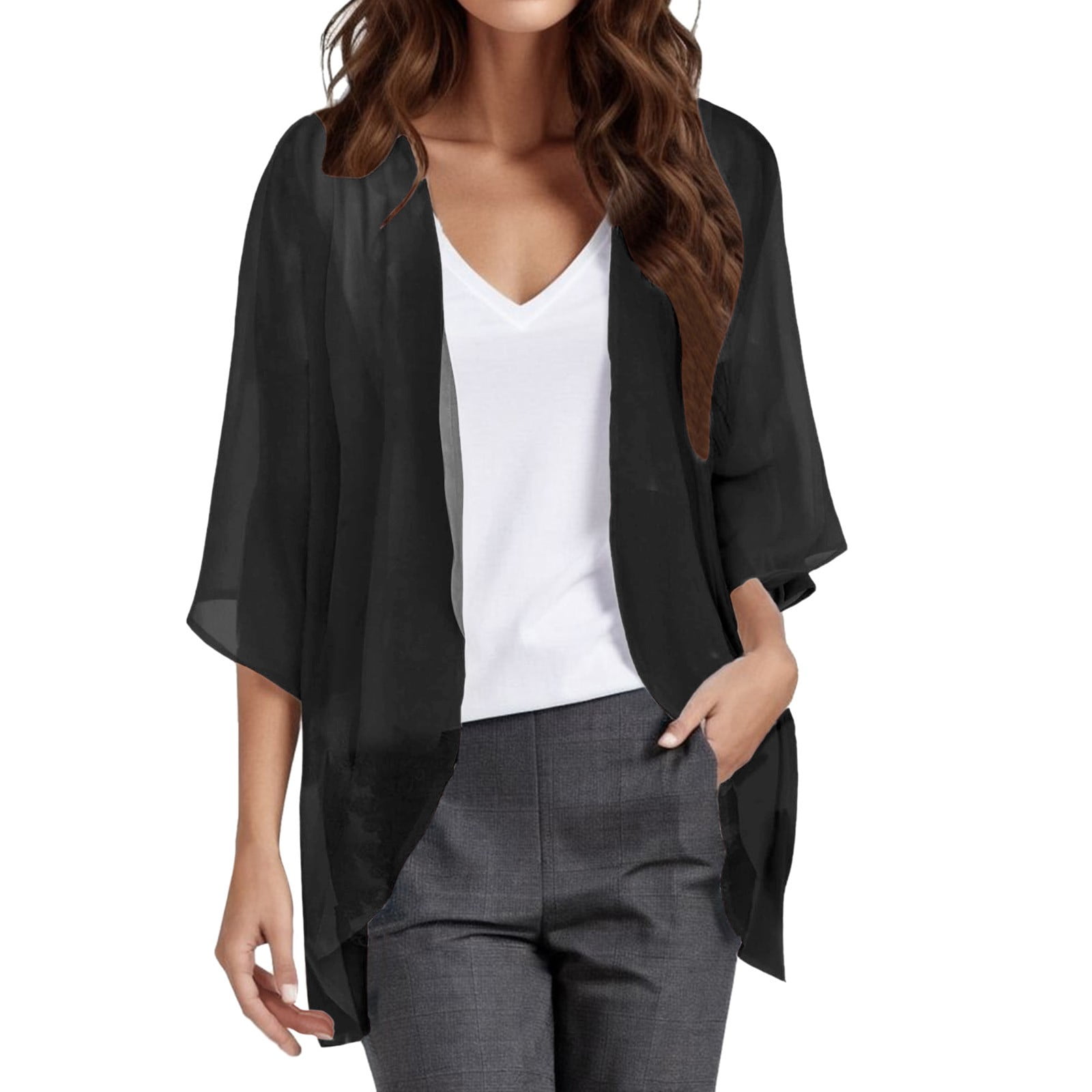 JUMESG Women Chiffon Kimono Cardigan,Dressy 3/4 Sleeve Chiffon Open ...