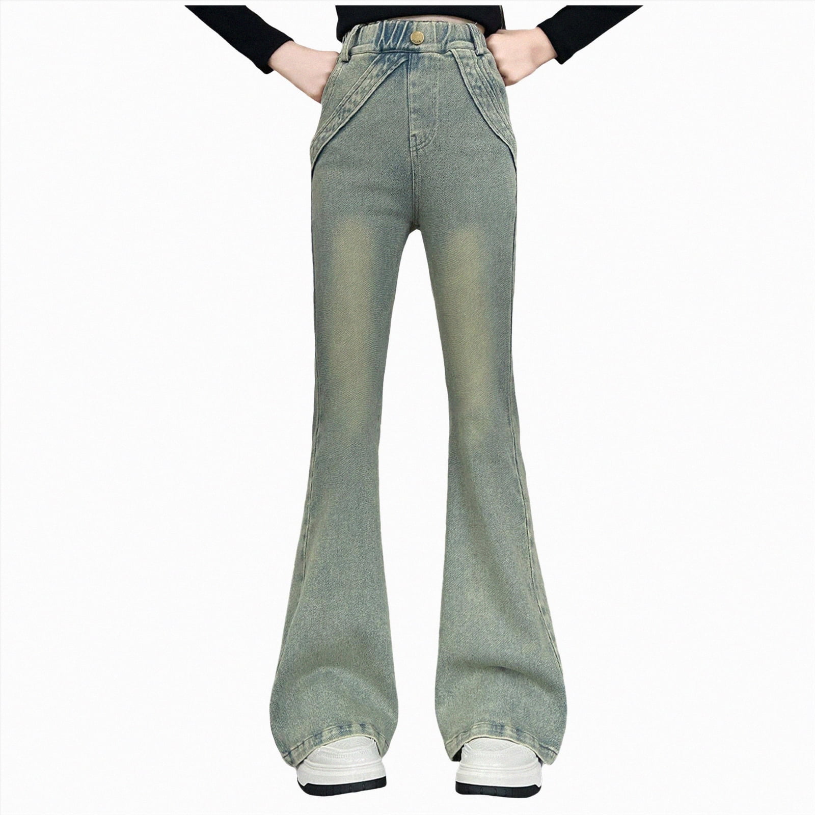 JUMEYU Girls Pants Girls Casual Denim Pants High Waist Flare Leg Jeans ...