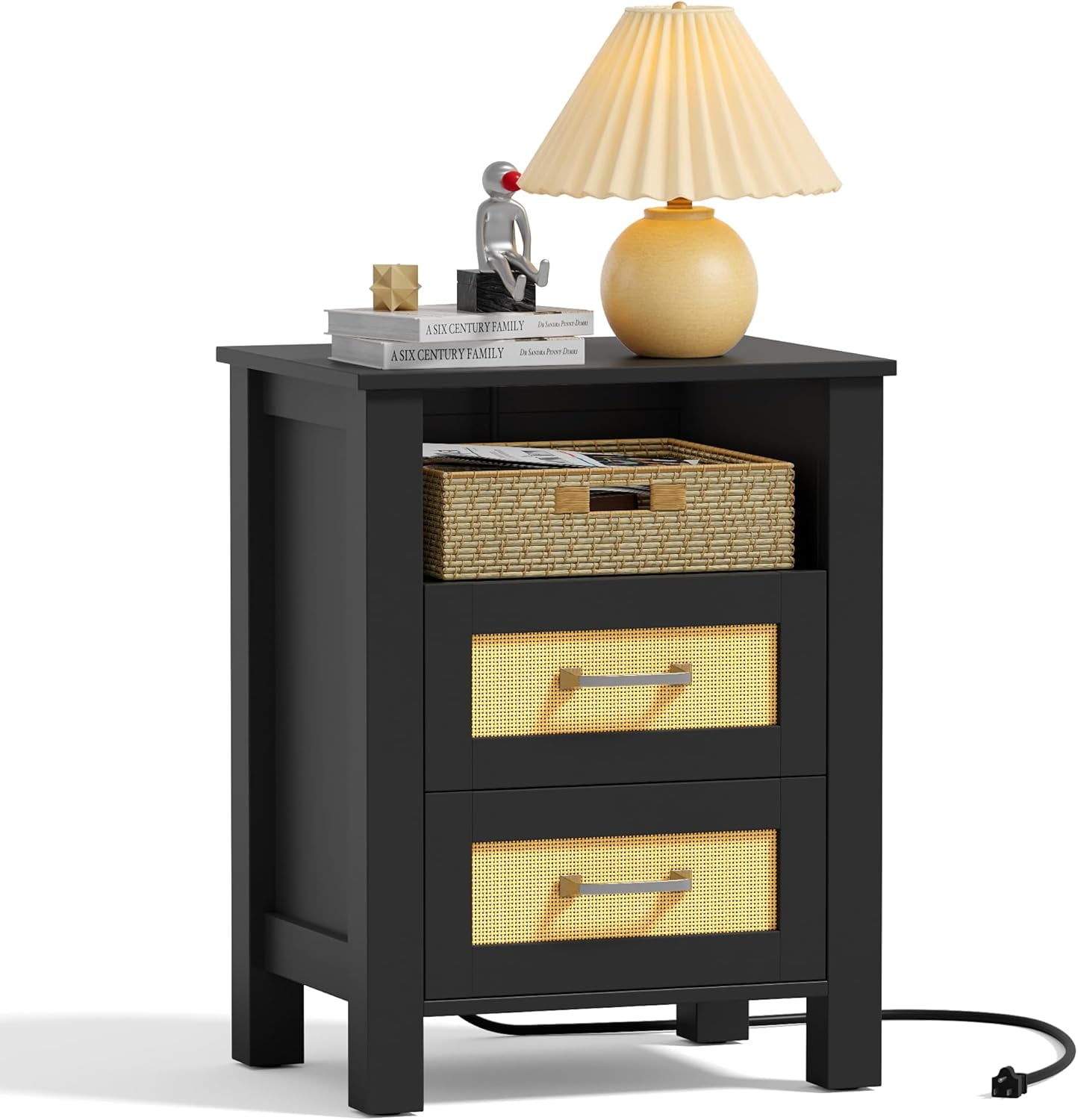 JUMMICO 26.18" End Table with Charging Station and Rattan Drawers ...