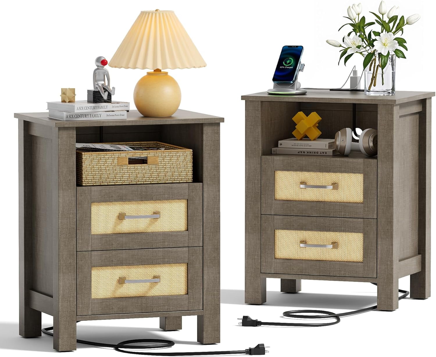 JUMMICO 26.18" End Table with Charging Station and Rattan Drawers ...