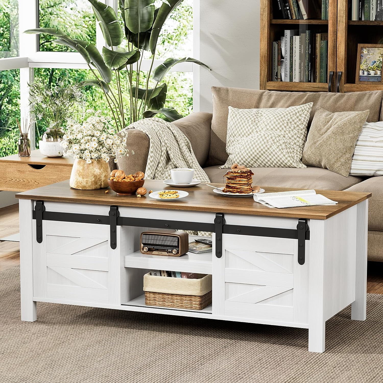 JUMMICO Farmhouse Coffee Table with Storage & Sliding Barn Doors ...