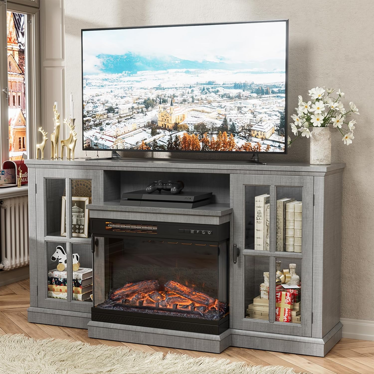 JUMMICO Fireplace TV Stand for TVs up to 65'', 3-Sided Glass Media ...