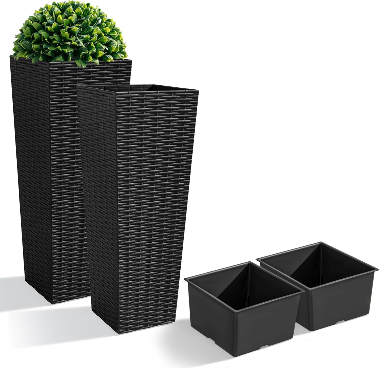 JUMMICO Set of 2 Resin Rattan Planters Outdoor, Large Tapered Planters ...