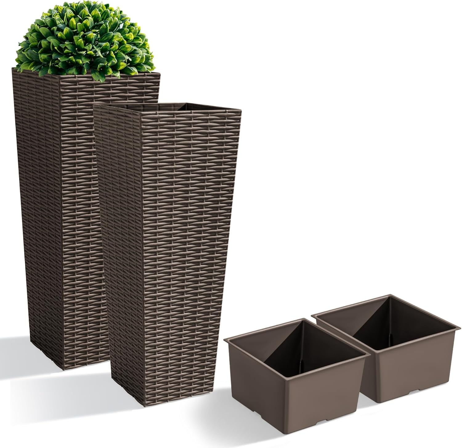 JUMMICO Set of 2 Resin Rattan Planters Outdoor, Large Tapered Planters ...