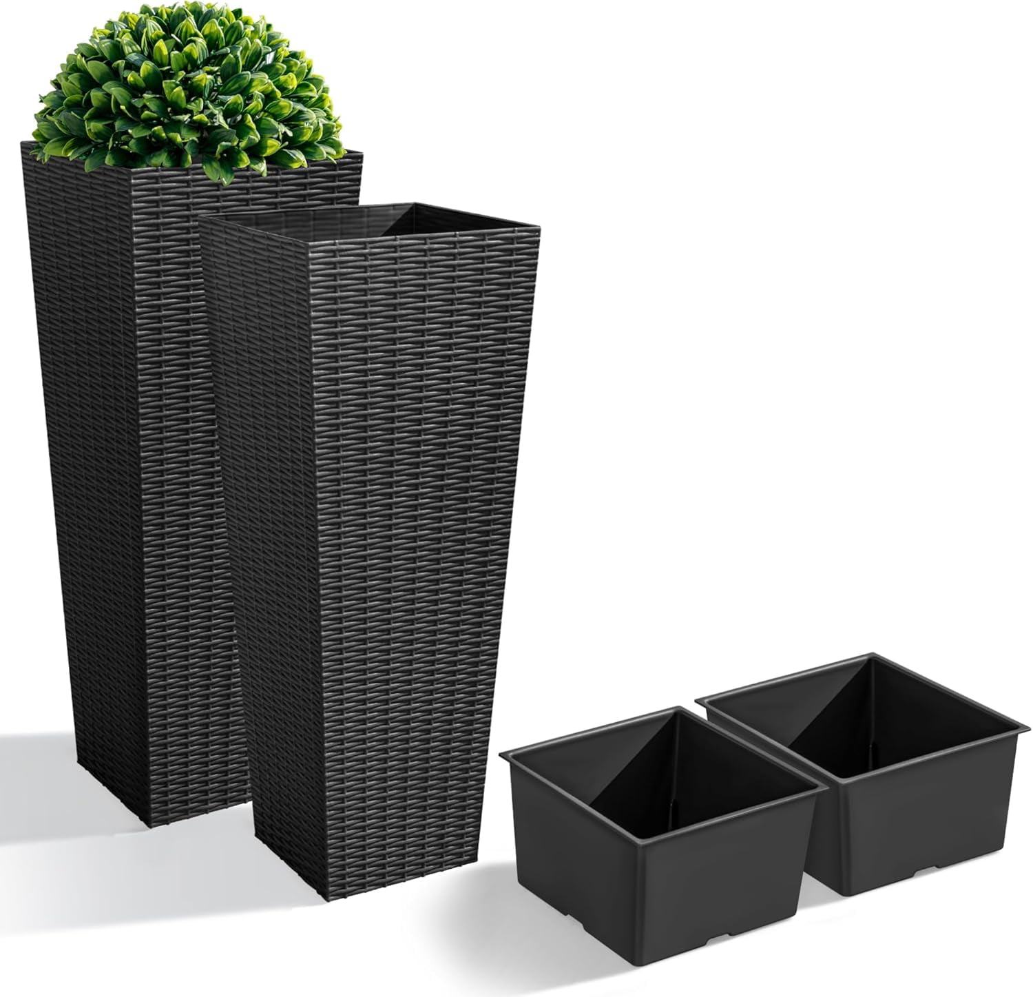 JUMMICO Set of 2 Resin Rattan Tall Planters Outdoor, Large Tapered ...