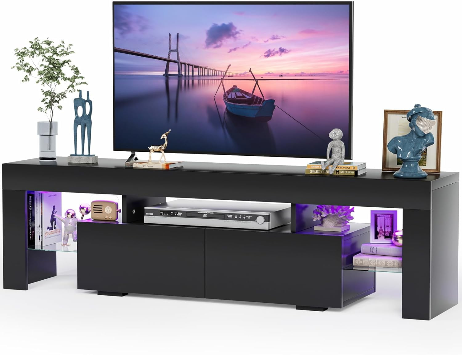 JUMMICO TV Stand, Modern Lighting TV Cabinet Entertainment Center Media ...