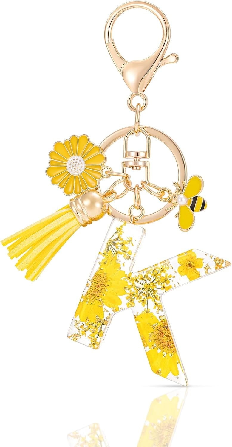 JUMRHFAN Letter K Keychain Resin Alphabet Keyrings,Yellow Petals Gold ...