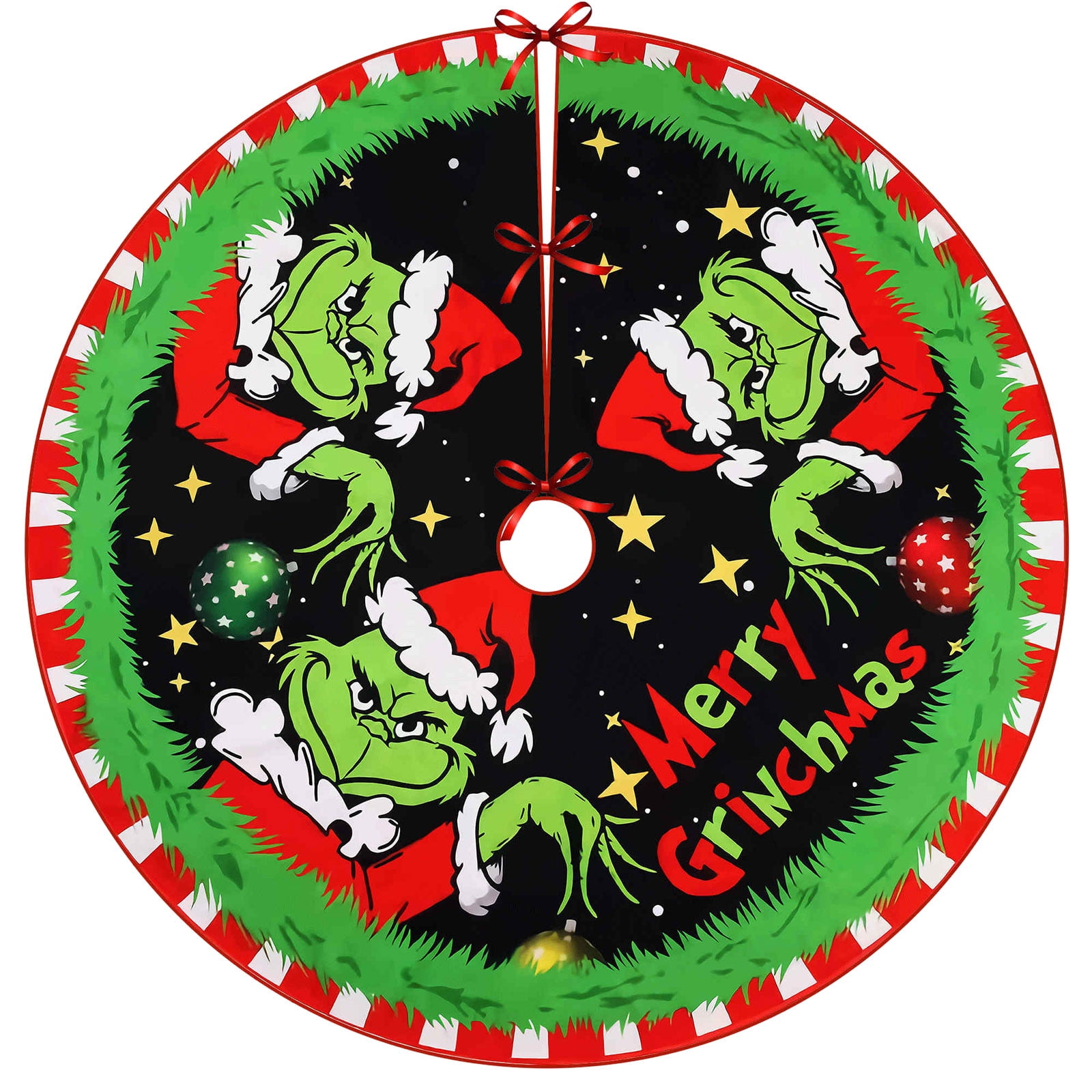 JUNBYONE Grinch Christmas Tree Skirt Merry Grinchmas Red White Stripes ...