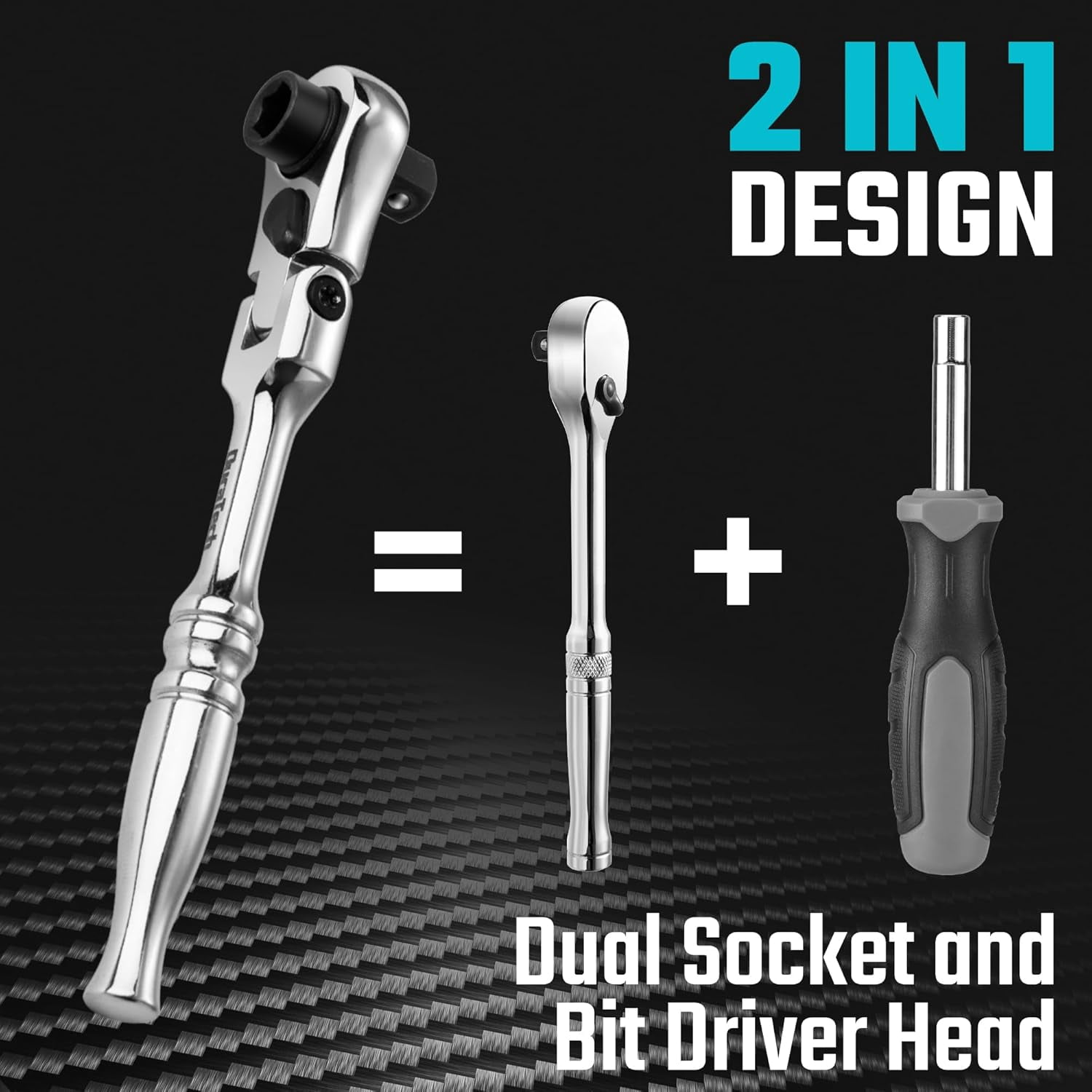 JUNCHI-1/4" Drive Ratchet Handle, 2 in 1 Flex Head Ratchet, Socket&Bit ...