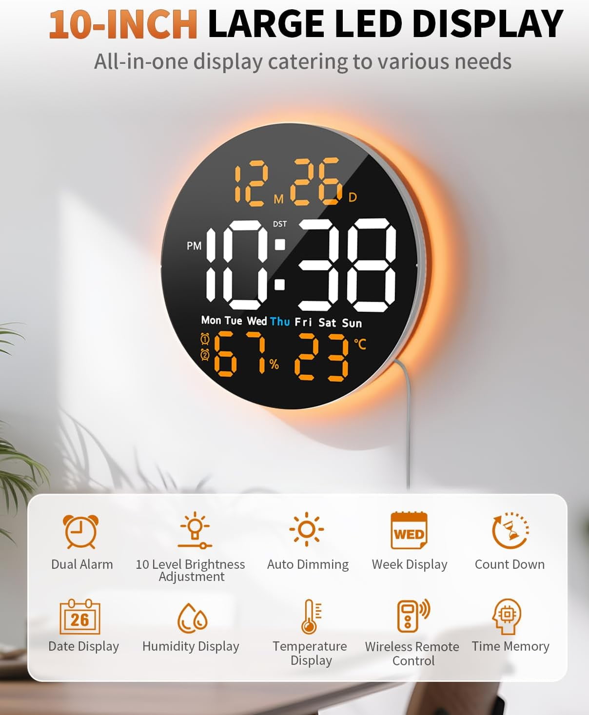 JUNCHI-10 Inch Large Digital Wall Clock with 9 Color Changing Remote ...