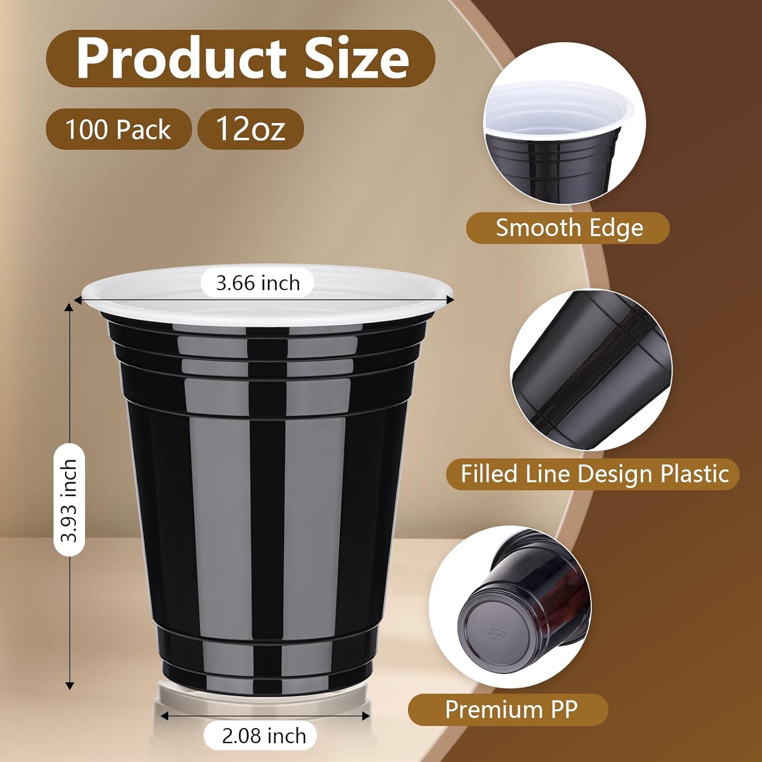 JUNCHI-100 Pack 12 OZ Black Plastic Cups, Black Disposable Cups for ...