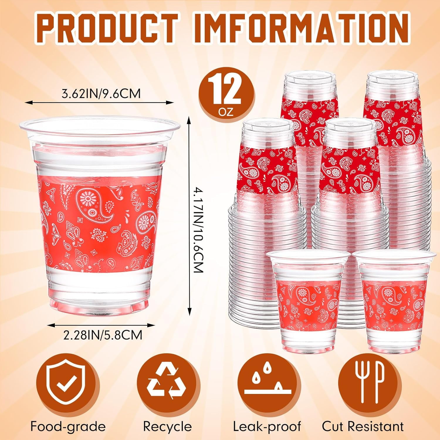 JUNCHI-100 Pcs Cowboy Plastic Cups 12 oz Red Bandana Western Disposable ...