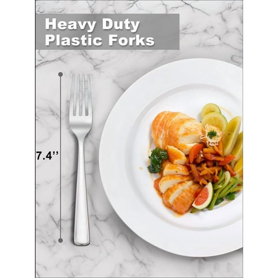 JUNCHI-100 Piece Silver Plastic Forks - 7.4inch Silver Forks Disposable ...