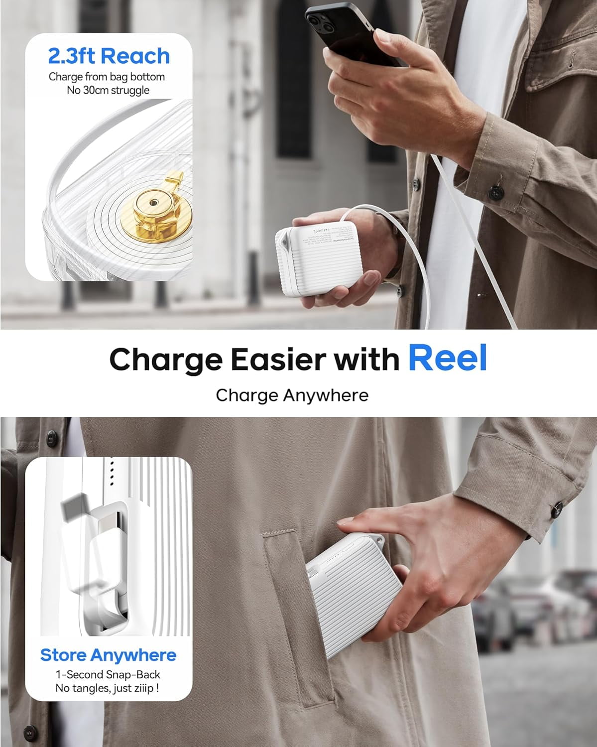 JUNCHI-10000mAh Portable Charger with Built-in Retractable C Cable ...