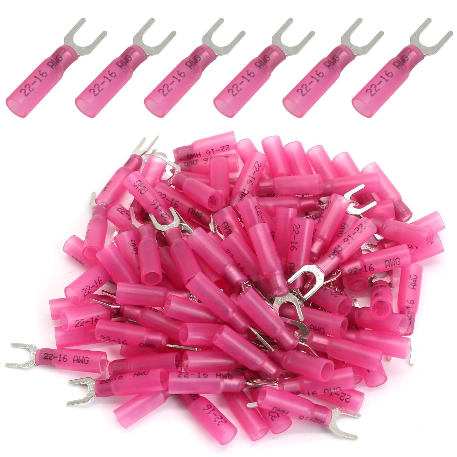 JUNCHI-100PCS 22-16 AWG Fork Connector, Red Heat Shrink Fork Terminals ...