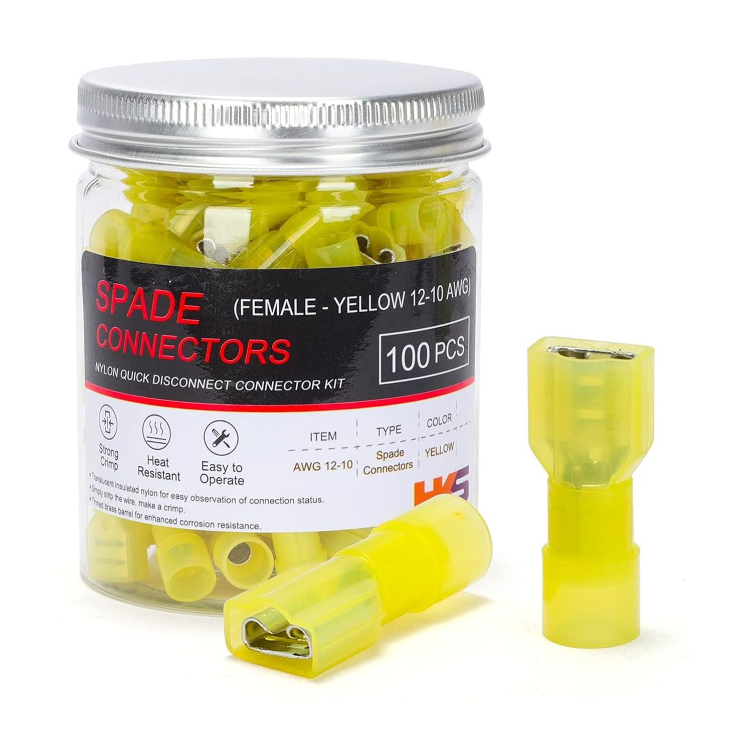 JUNCHI-100PCS Nylon Female Spade Quick Disconnect Connector - Yellow 12 ...
