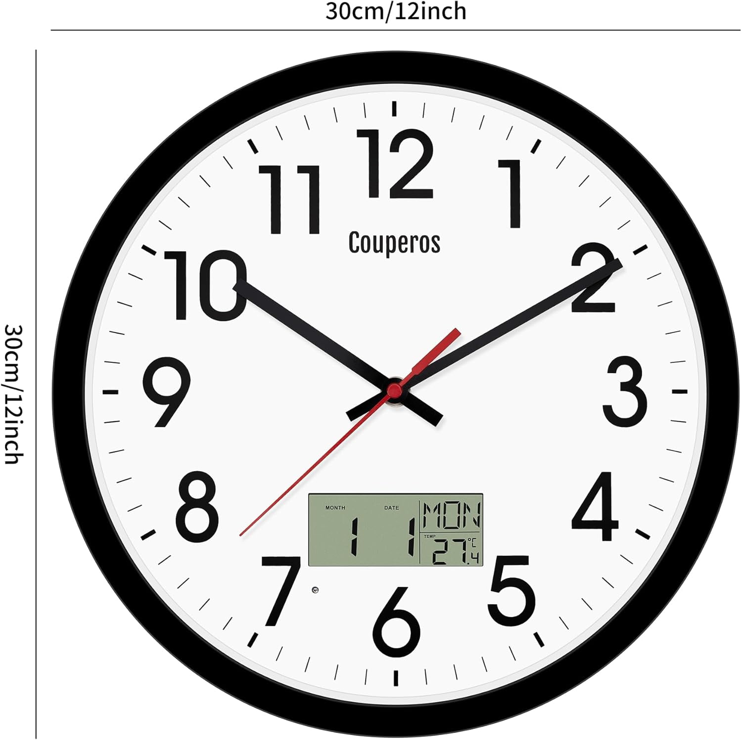 JUNCHI-12 Inch Digital Wall Clock with Lighted LCD Display Temp, Week ...
