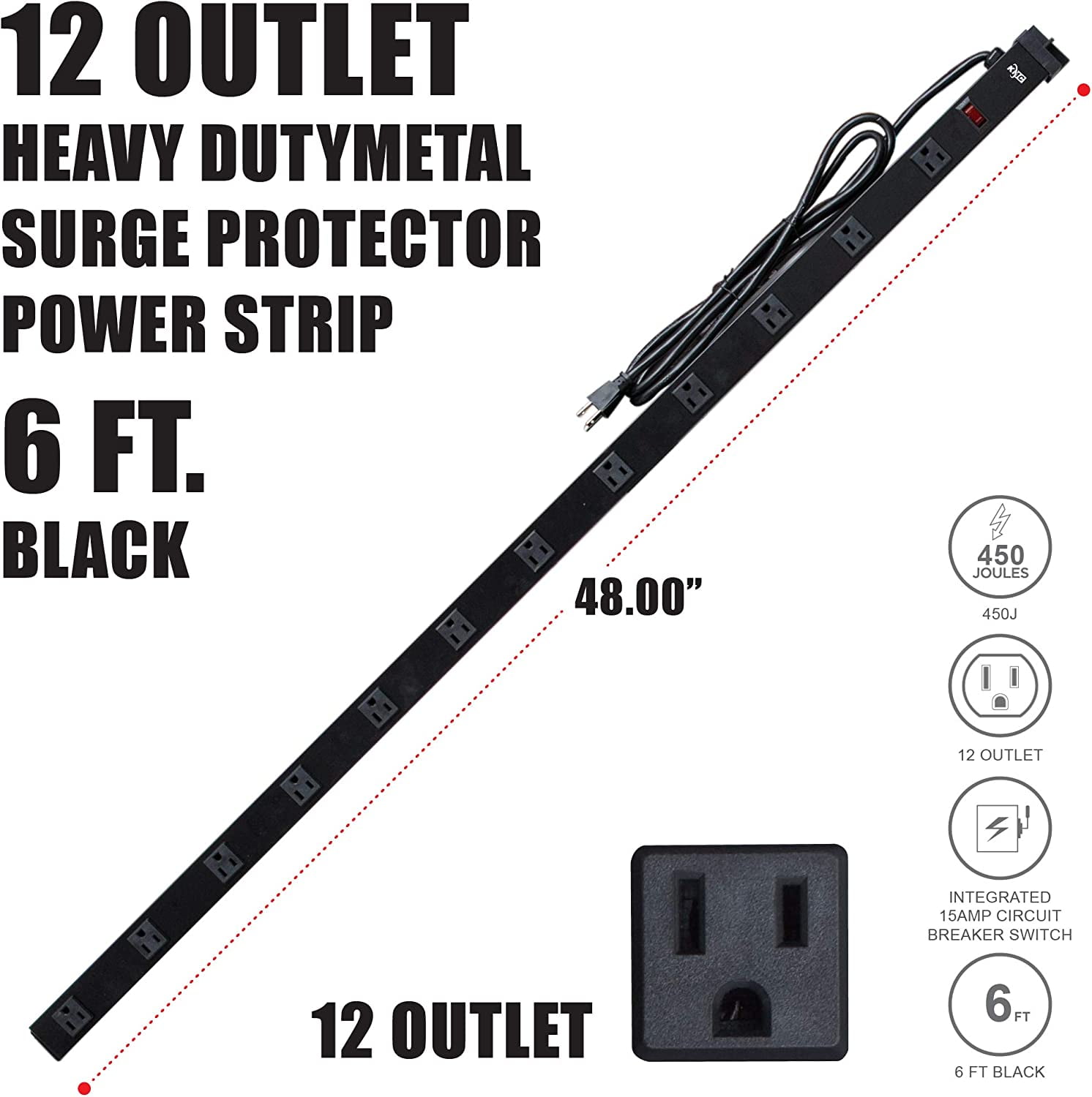 JUNCHI-12 Outlet Heavy Duty Metal Surge Protector Power Strip with 6 ...