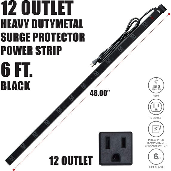 JUNCHI-12 Outlet Heavy Duty Metal Surge Protector Power Strip with 6 ...