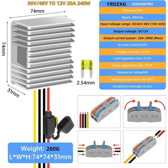 JUNCHI-12V 20A 240W with Fuse 36V 48V to 12V Voltage Converter, Buck ...