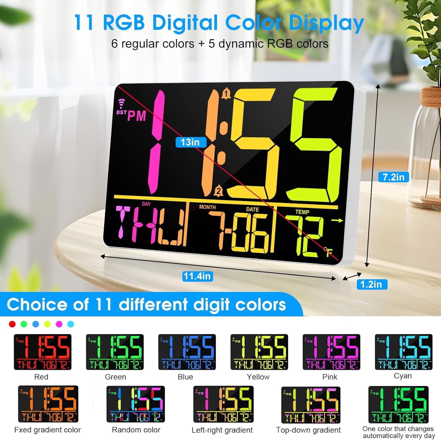 JUNCHI-13" Bluetooth Auto Sync Wall Clock- Large Digital Alarm Clock ...