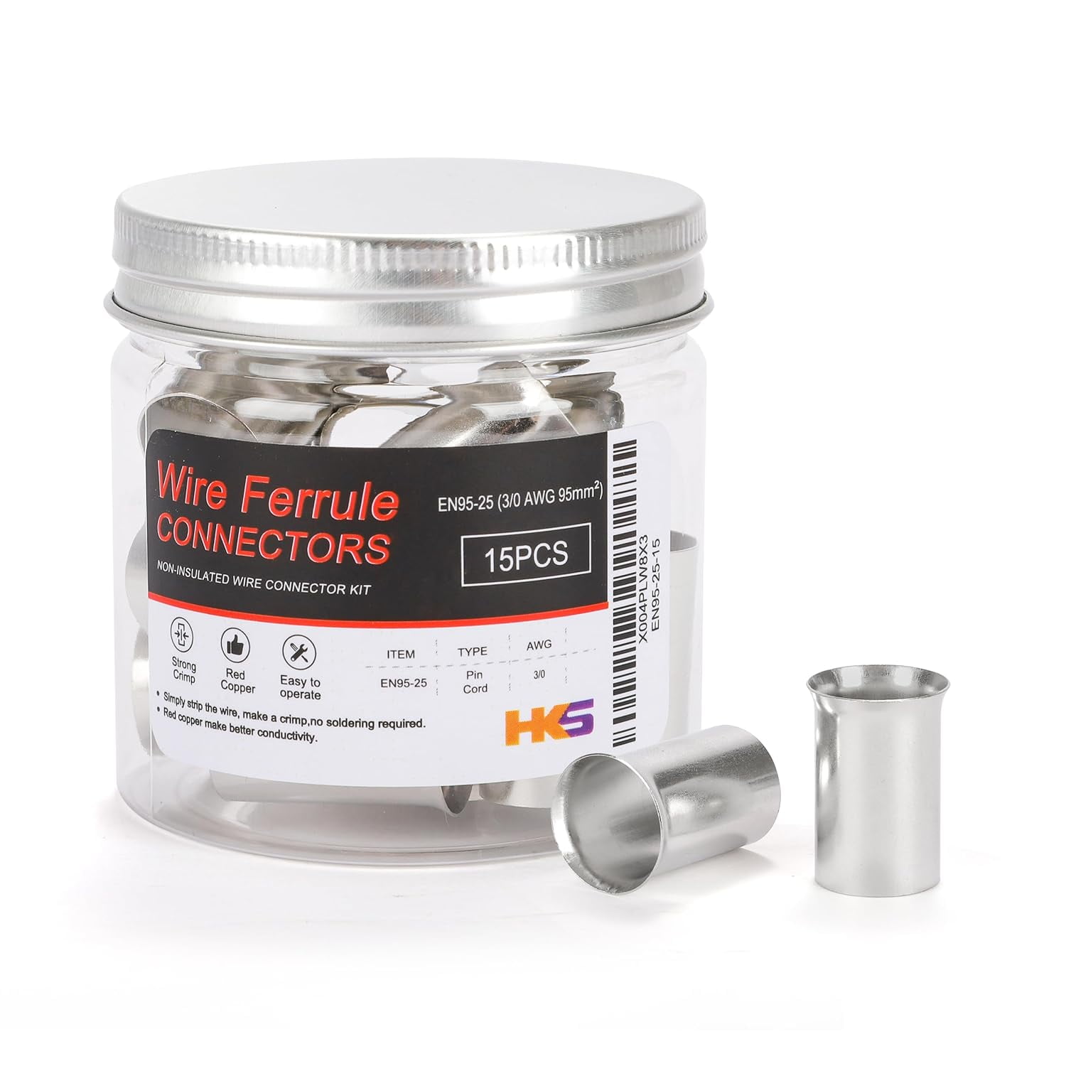 JUNCHI-15PCS Non-Insulated Wire Ferrules- AWG3/0-95.0mm² Copper Barrel ...