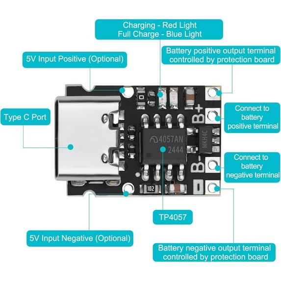 JUNCHI-15pcs TP4057 1A 3.7V Lithium Battery Charging Board Type-C Interface with Protection ...