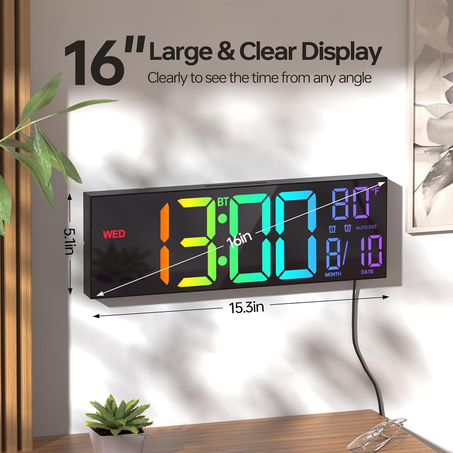 JUNCHI-16.2" Large Digital Wall Clock with Seconds, Bluetooth Sync ...