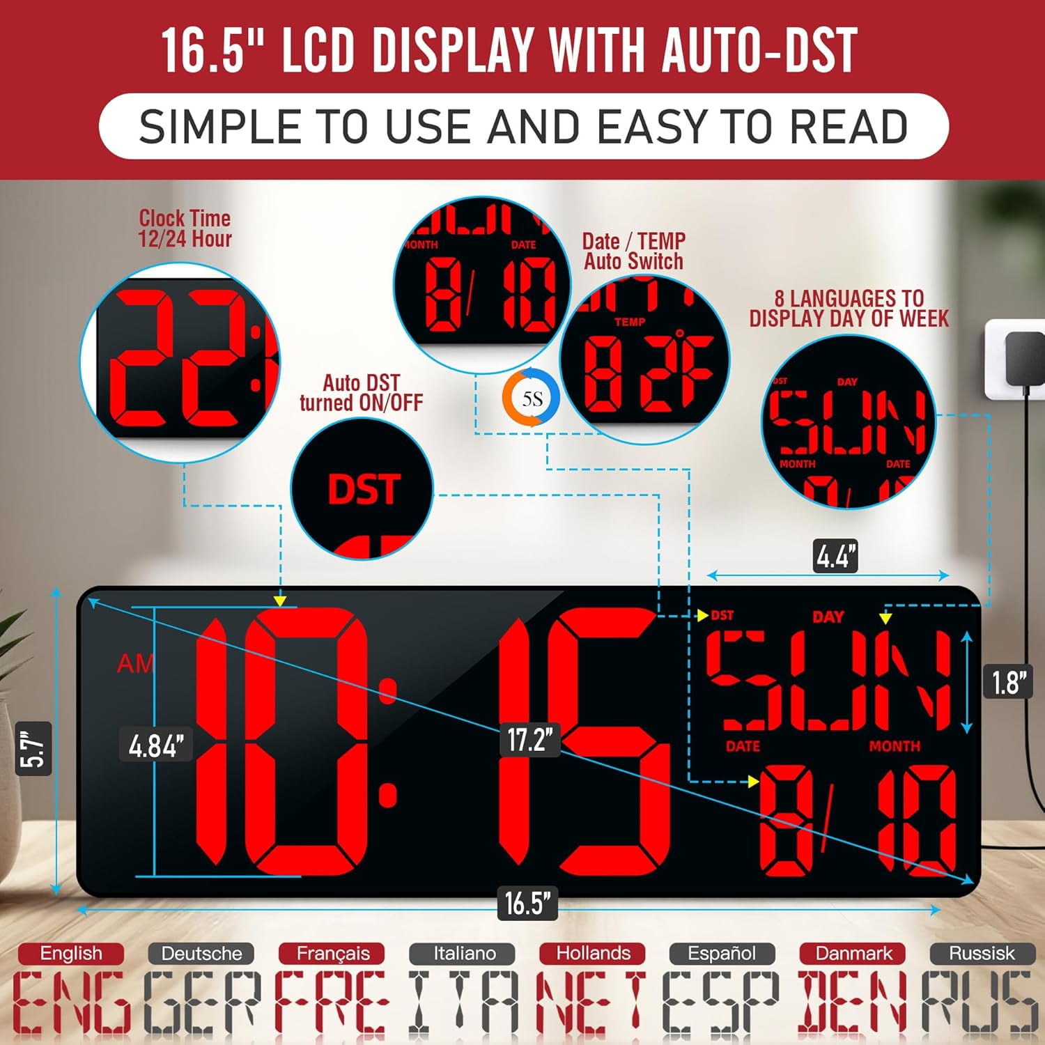 JUNCHI-16.5 Digital Wall Clock Large Display, LED Wall Clock with Date ...