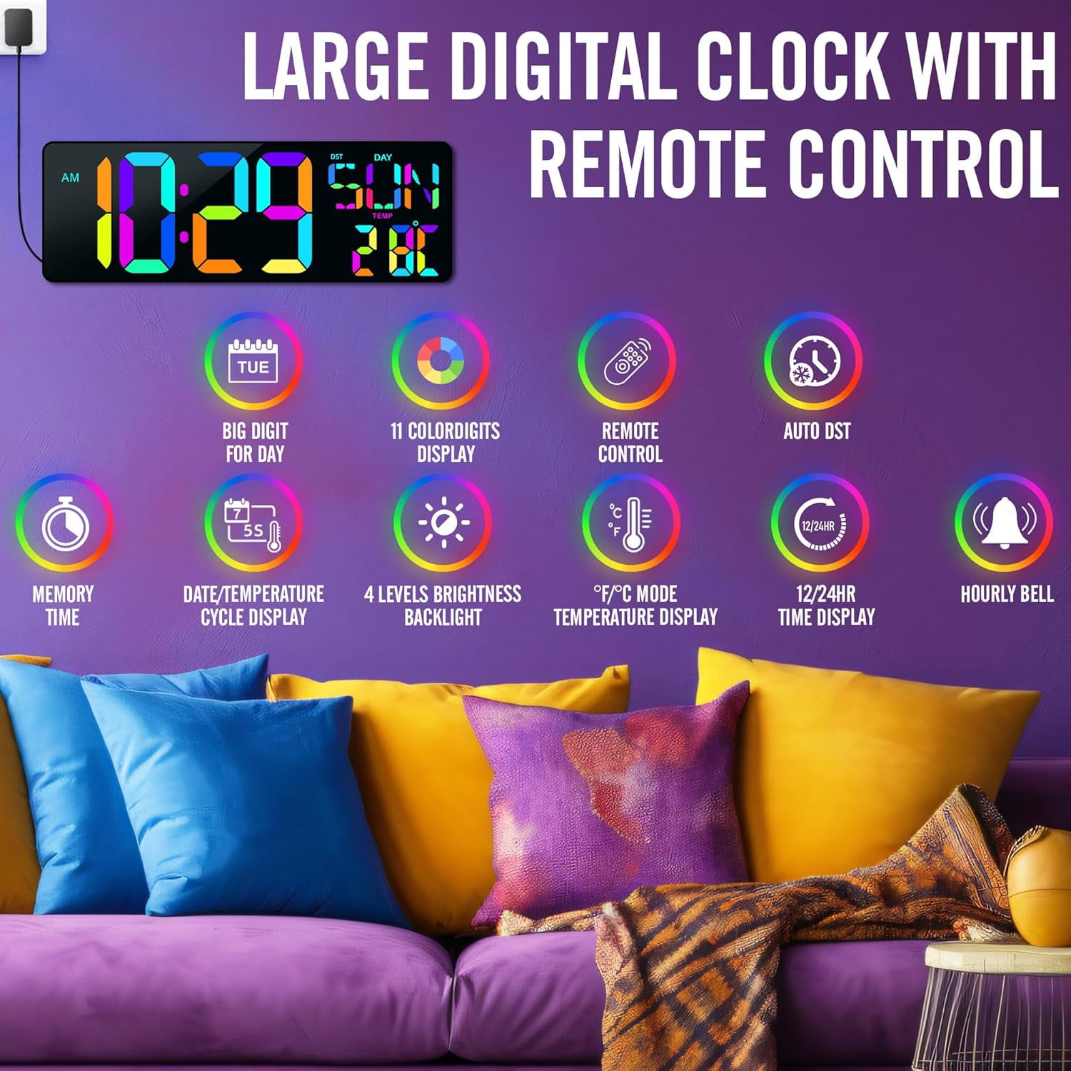 JUNCHI-16.5 Digital Wall Clock Large Display, LED Wall Clock RGB Color ...