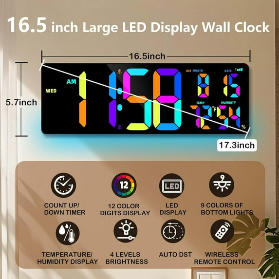 JUNCHI-16.5" Large Digital Wall Clock, Bluetooth Sync Time, Count Down ...