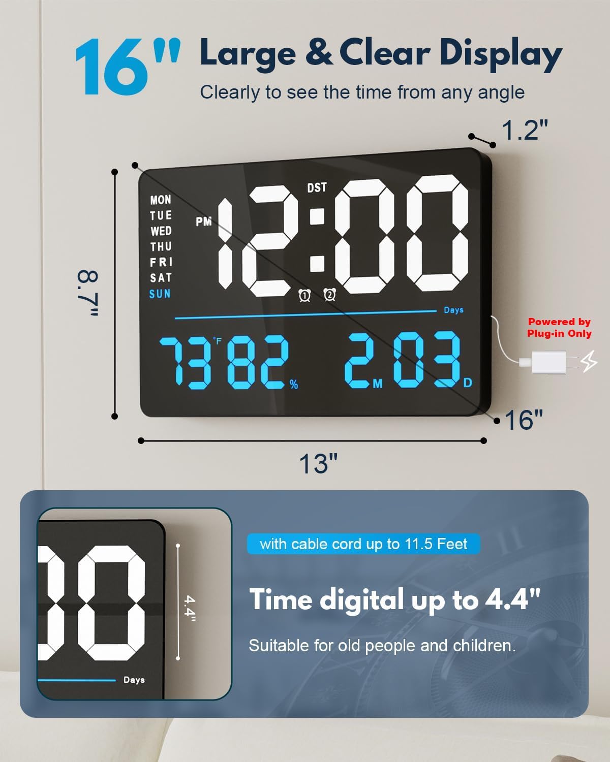 JUNCHI-® 16" LED Digital Wall Clock with Large Display,Alarm Clock with ...