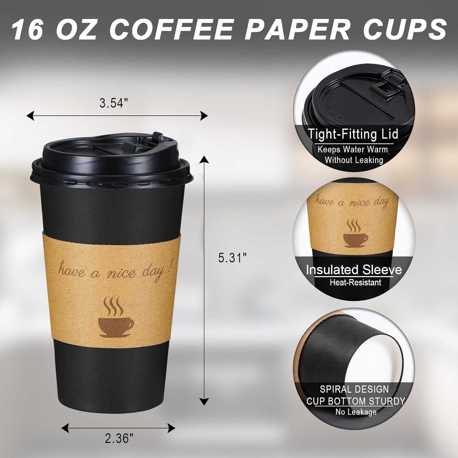 JUNCHI-16 oz Coffee Cups with Lids 100 Pack, 16 oz Disposable Coffee ...