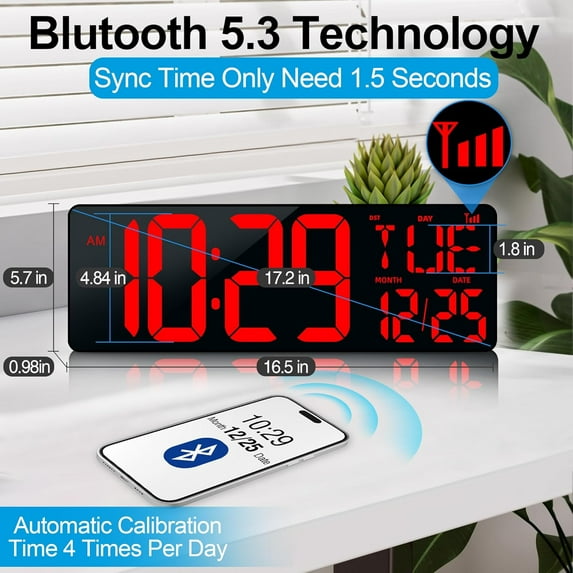 JUNCHI-17.2" Large Digital Wall Clock Bluetooth Auto Time Sync Digital ...