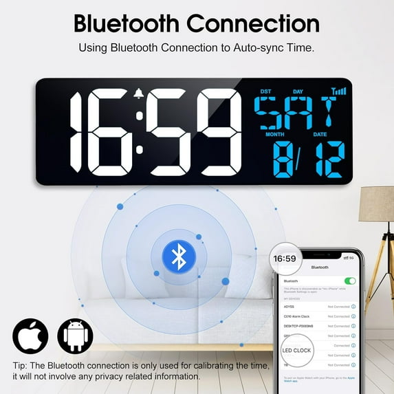 JUNCHI-17 Inch Digital Wall Clock Large Display Bluetooth Sync Time ...