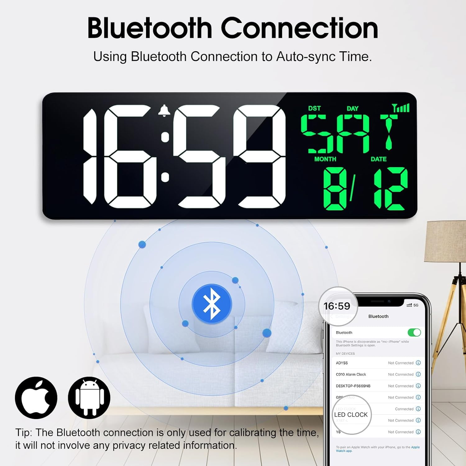 JUNCHI-17 Inch Digital Wall Clock Large Display Bluetooth Sync Time ...