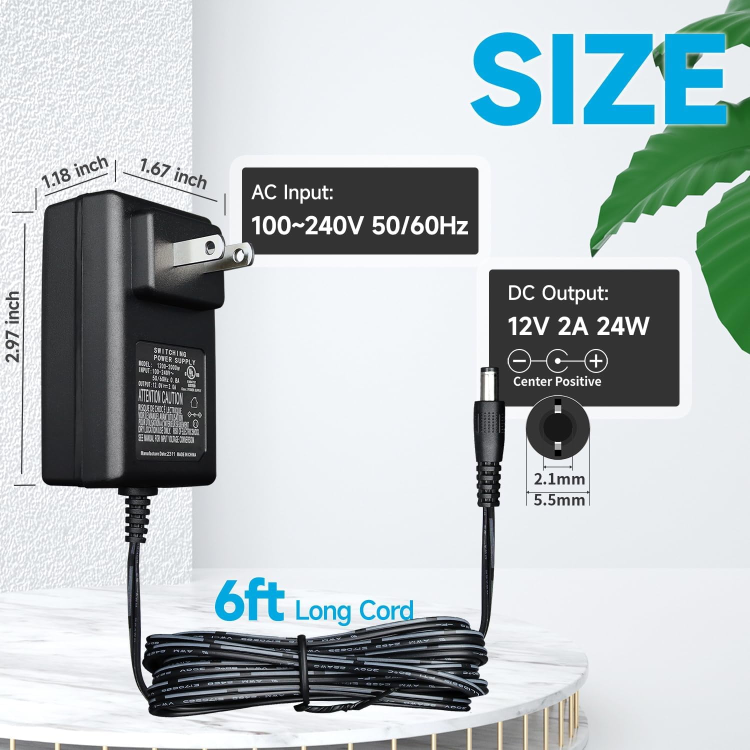 JUNCHI-2 Pack 12V 2A 6ft Long AC Adapter, AC to DC 12 Volt 2000mA ...