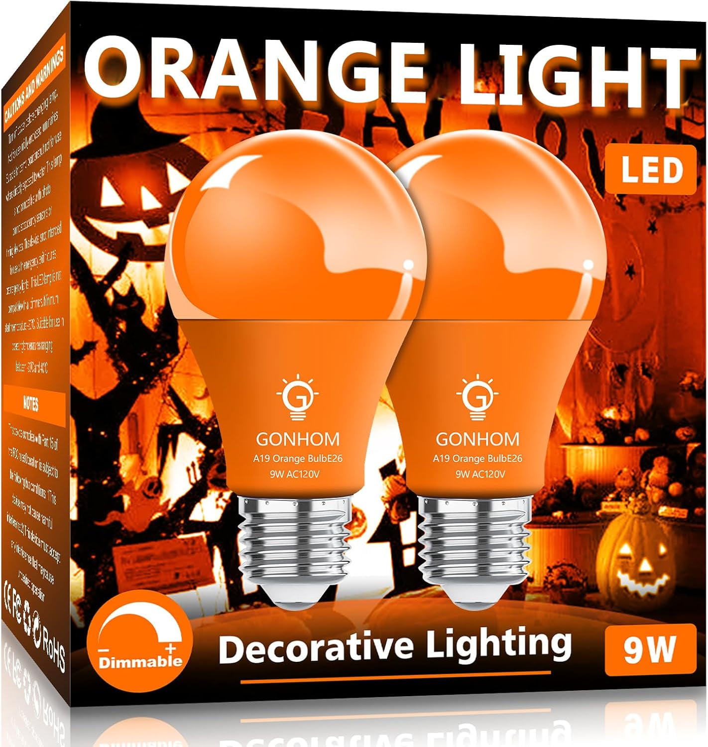 JUNCHI-2 Pack A19 LED Orange Light Bulb,9 Watt Orange Lights Equivalent ...