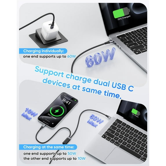 JUNCHI-2-in-1 USB C to USB C Cable 5FT, 60W Max Fast Charging Type C ...