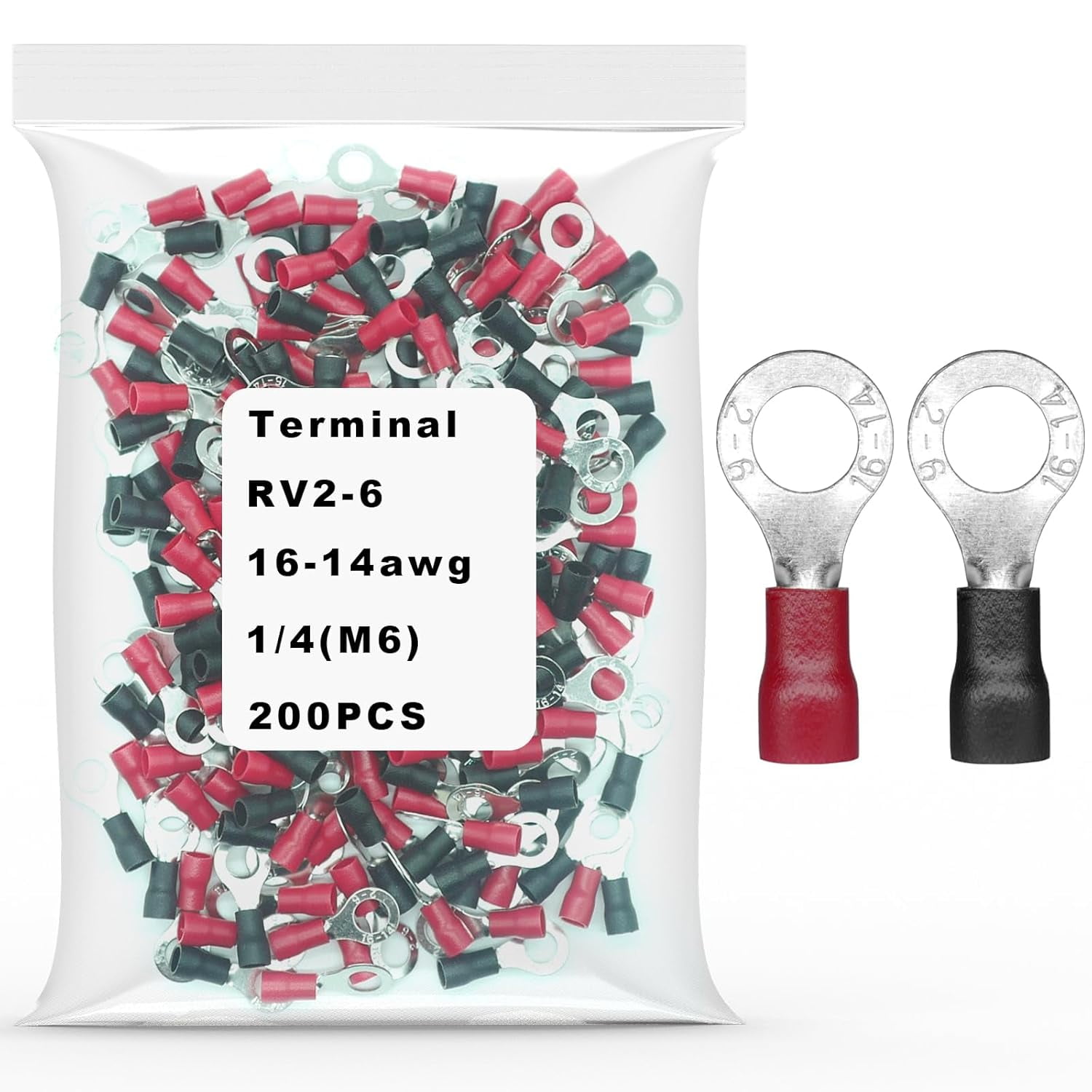 JUNCHI-200Pcs 1/4 M6 Ring Terminals,AWG 16-14 Insulated Electrical ...