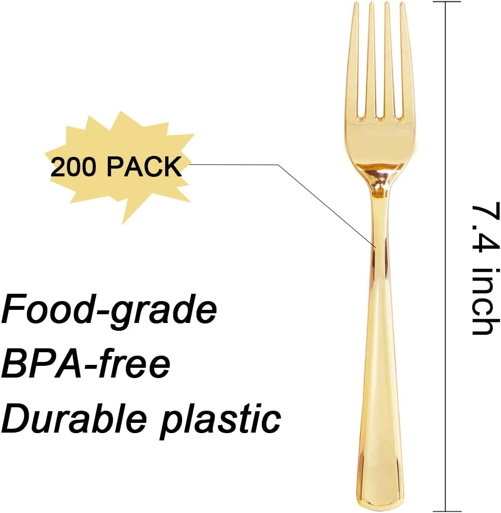 JUNCHI-200pcs Gold Plastic Forks - Heavyweight - 7.4 Inch Heavy Duty ...