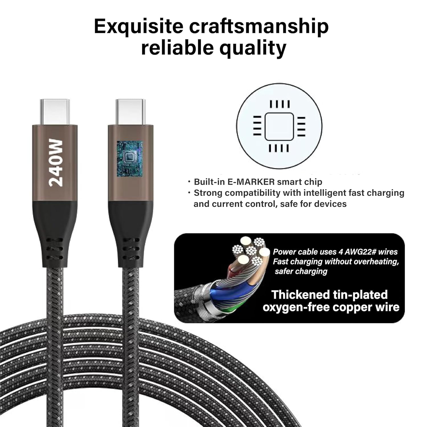 JUNCHI-240W 6.6ft Dual USB-C PD3.1 Fast Charging Cable,E-Marker Smart ...