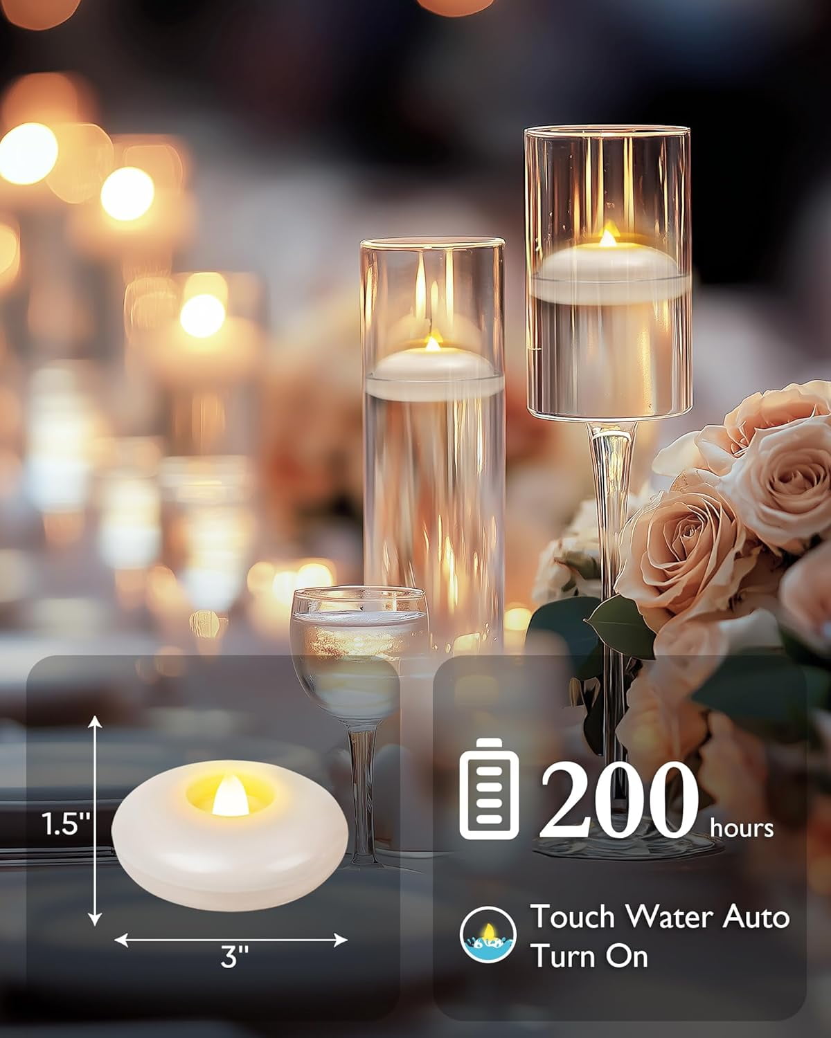 JUNCHI-24Pack 200 Hour Flameless Floating Candles, 3 Inches White ...